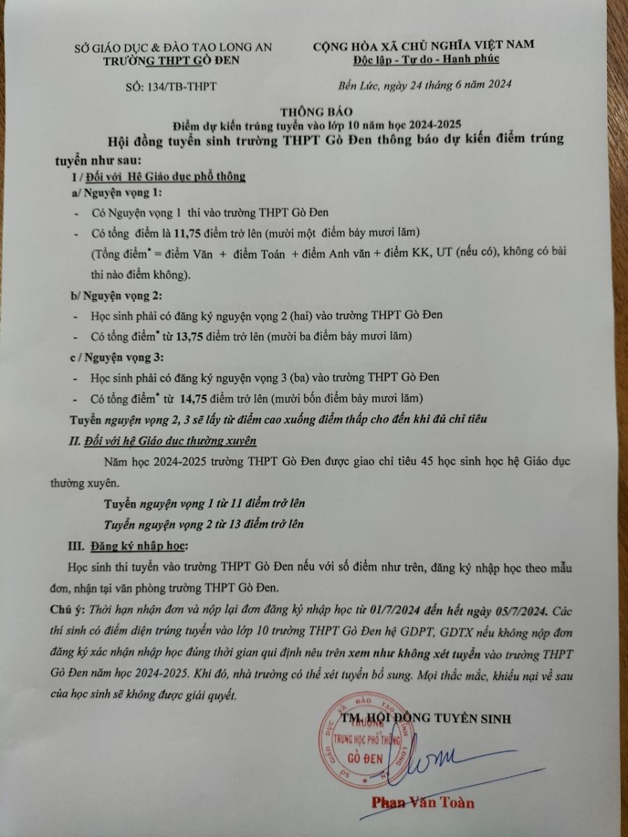 Điểm Tuyển Sinh 10 trường THPT Gò Đen. Năm học 2024 - 2025. - Trường THPT Gò Đen - Bến Lức - Long An